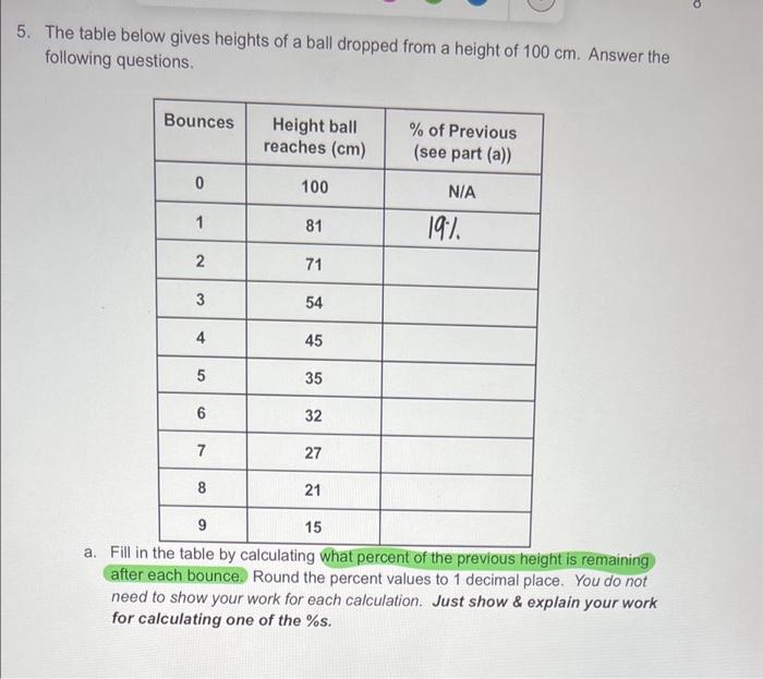 Solved 5. The table below gives heights of a ball dropped | Chegg.com