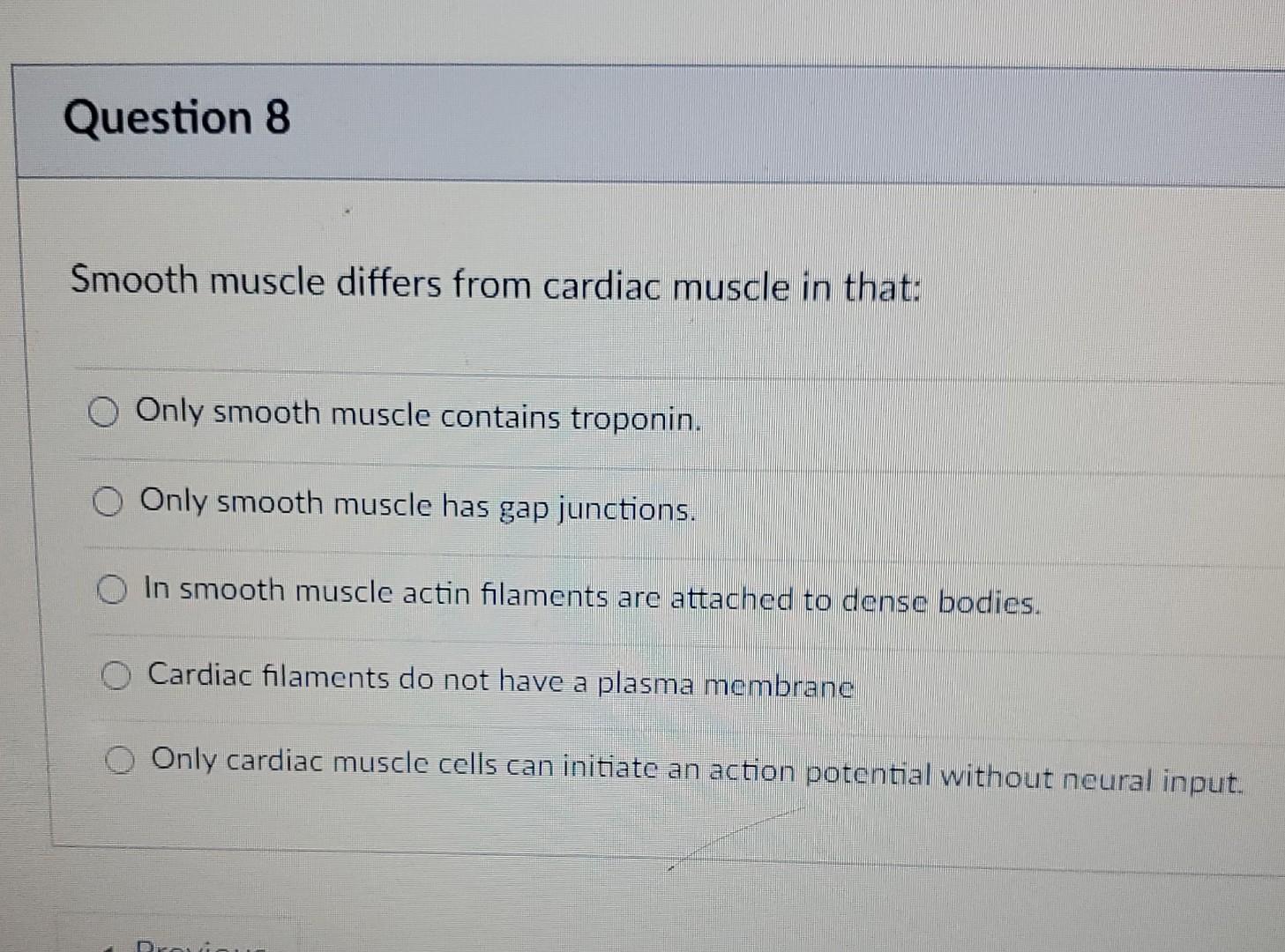 Solved Smooth muscle differs from cardiac muscle in that: | Chegg.com