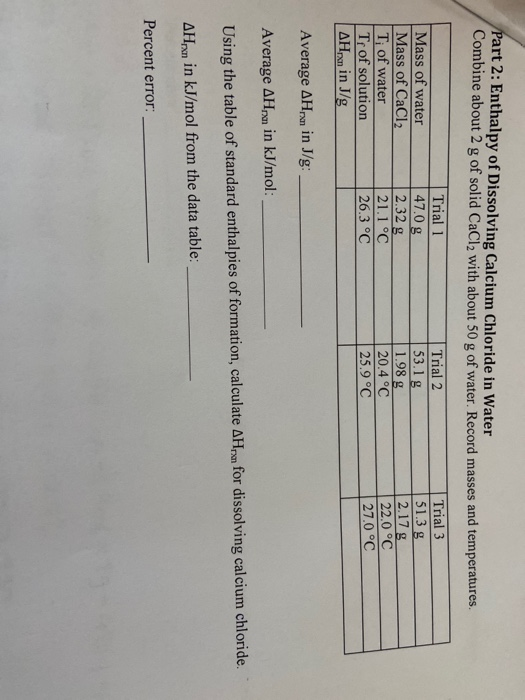 Solved Part 2: Enthalpy of Dissolving Calcium Chloride in | Chegg.com
