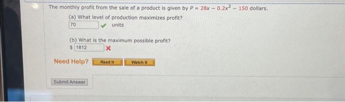 Solved The monthly profit from the sale of a product is | Chegg.com