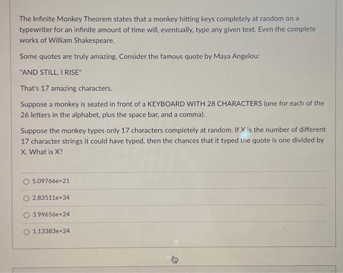 Solved The Infinite Monkey Theorem states that a monkey | Chegg.com