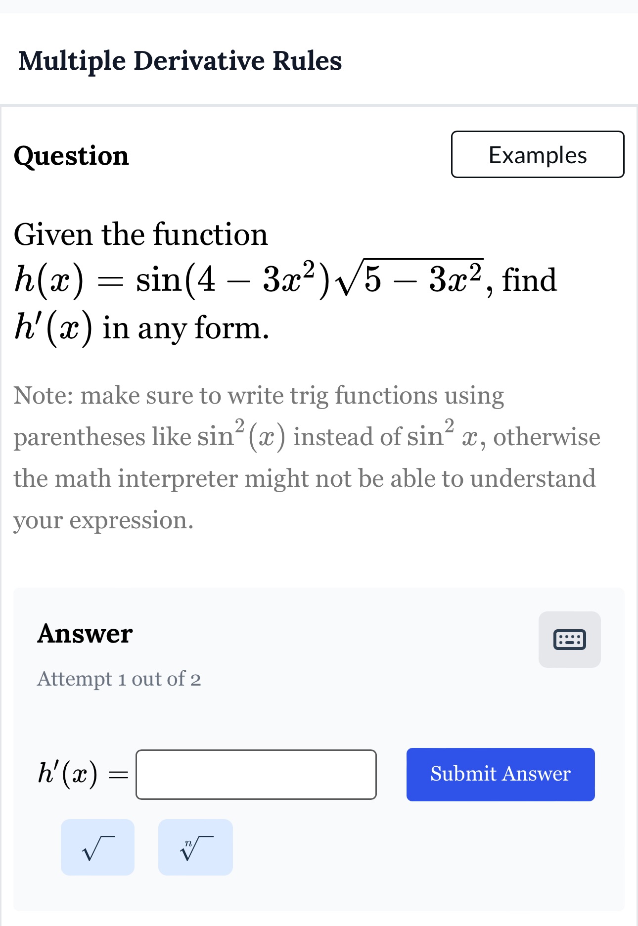 Solved Multiple Derivative RulesQuestionGiven the function | Chegg.com