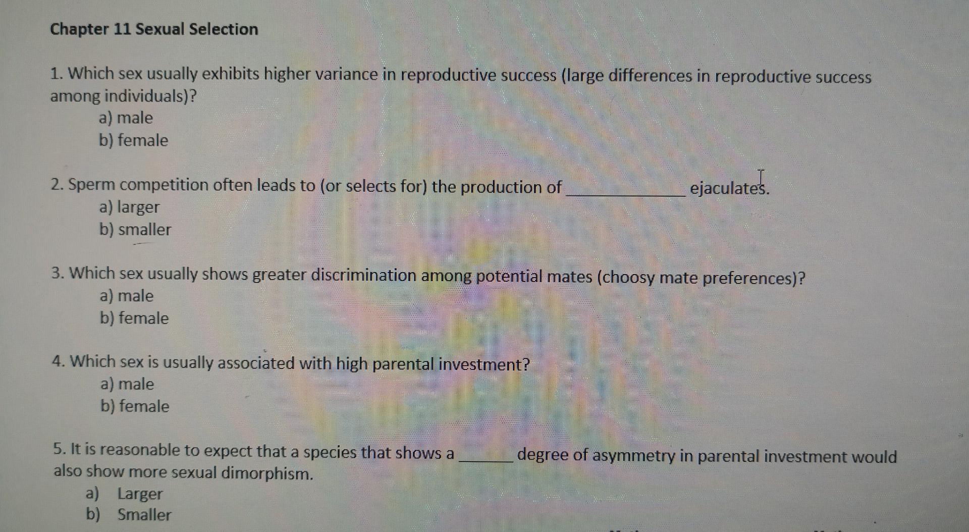 Solved Chapter 11 Sexual Selection 1 Which Sex Usually