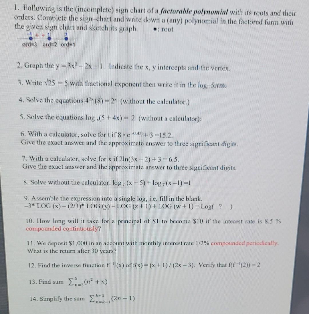 Solved 1. Following is the (incomplete) sign chart of a | Chegg.com