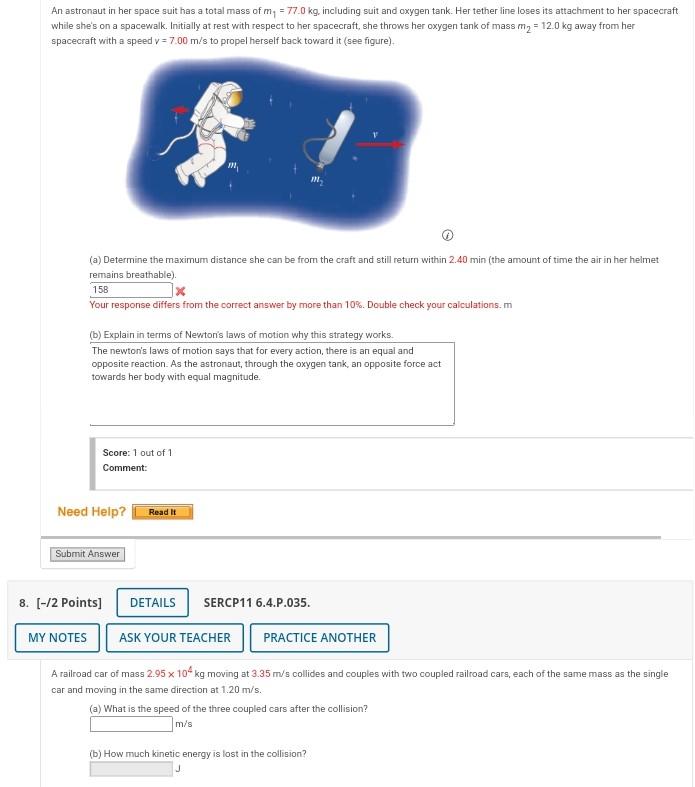 Solved An astronaut in her space suit has a total mass of | Chegg.com