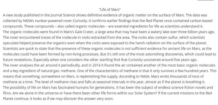 "Life of Mars" A new study published in the journal | Chegg.com
