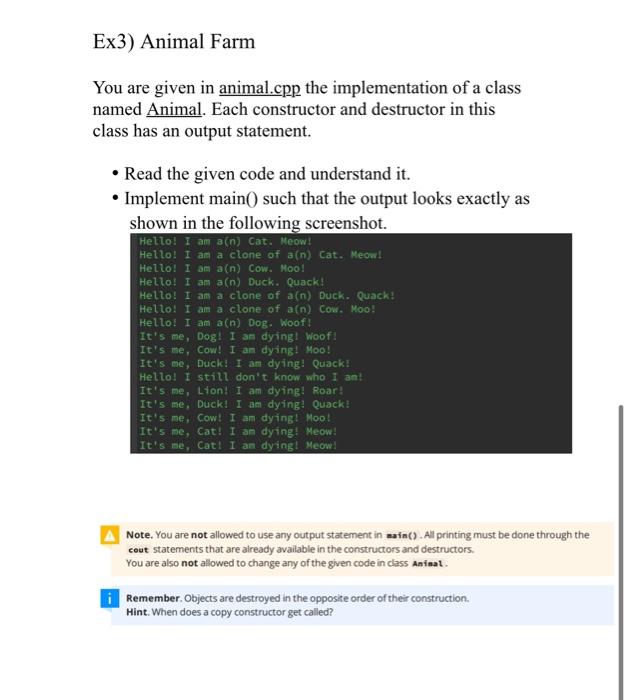 Solved Ex3) Animal Farm You are given in animal.cpp the | Chegg.com