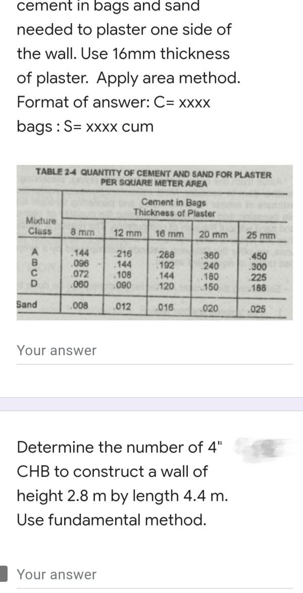 Solved cement in bags and sand needed to plaster one side of | Chegg.com