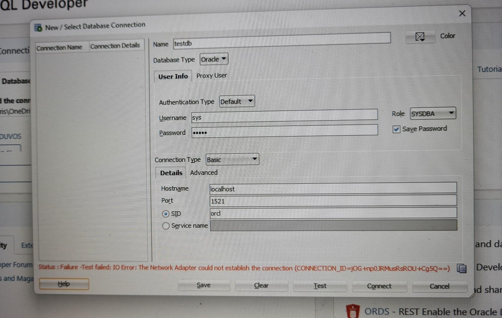 Solved Authentication Type Username sys Password Connection | Chegg.com