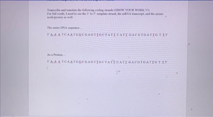 Solved Transcribe and translate the following coding strands | Chegg.com