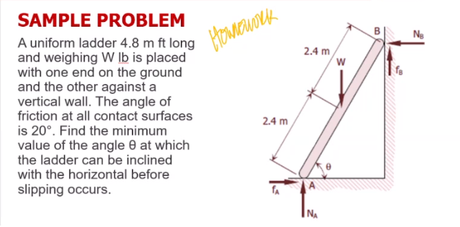 Solved SAMPLE PROBLEMA uniform ladder 4.8mftlongand weighing | Chegg.com