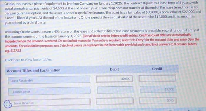 Solved Oriole, Inc leases a piece of equipment to Ivanhoe | Chegg.com