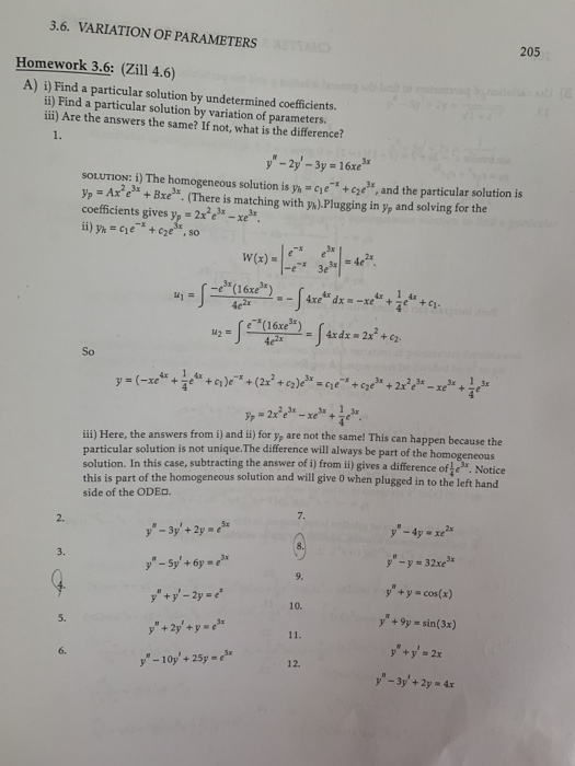 Solved 3.6. VARIATION OF PARAMETERS 205 Homework 3.6: (Zill | Chegg.com