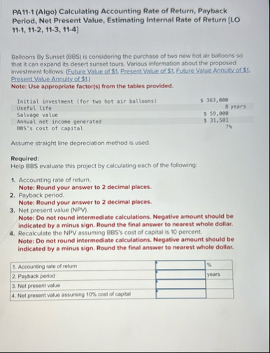 Solved PA11-1 (Algo) ﻿Calculating Accounting Rate of Return, | Chegg.com