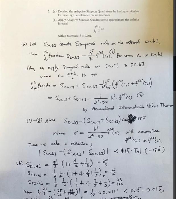 Solved 1. Apply Adaptive Quadrature by hand, using the | Chegg.com