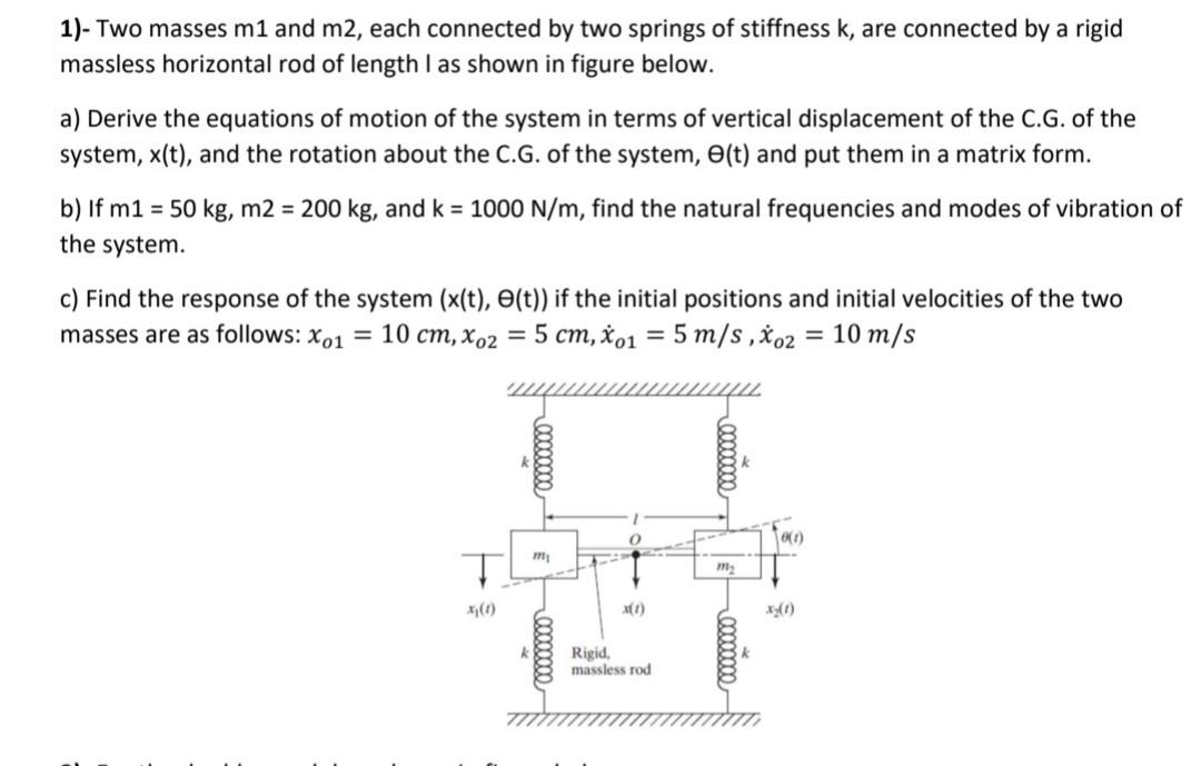 Solved 1)- Two masses m1 and m2, each connected by two | Chegg.com