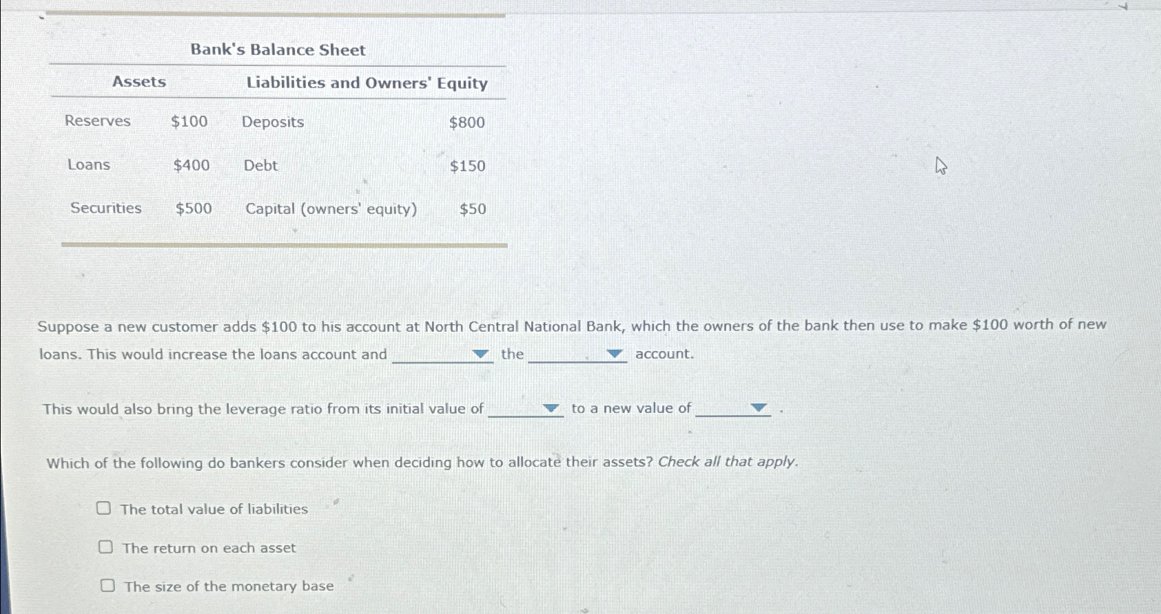 Bank's Balance Sheet\table[[Assets,Liabilities and | Chegg.com