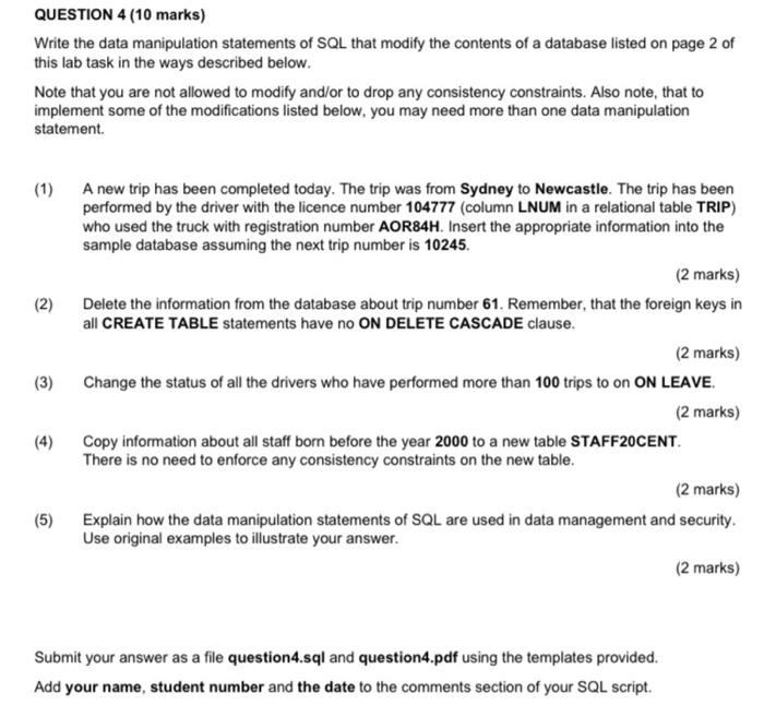 Solved QUESTION 3 (10 marks) Write the data definition | Chegg.com