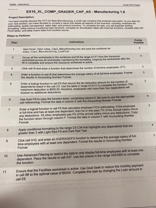 Grader. Instructions Excel 2016 Project | Chegg.com