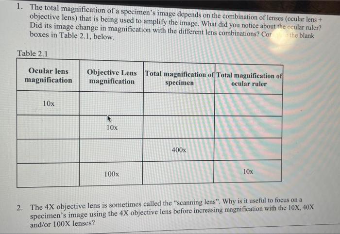 Solved 1. The total magnification of a specimen's image | Chegg.com