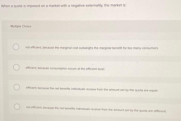 Solved When a quota is imposed on a market with a negative | Chegg.com