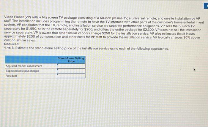 Solved Video Planet (VP) sells a big screen TV package | Chegg.com