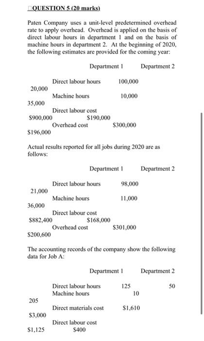 Solved QUESTION 5 (20 marks) Paten Company uses a unit-level | Chegg.com