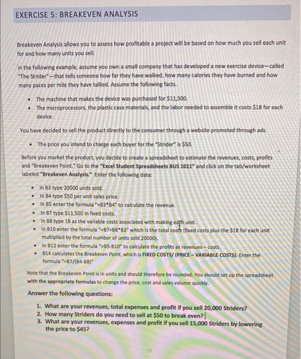 Solved EXERCISE 5: BREAKEVEN ANALYSIS Breakeven Analysis | Chegg.com