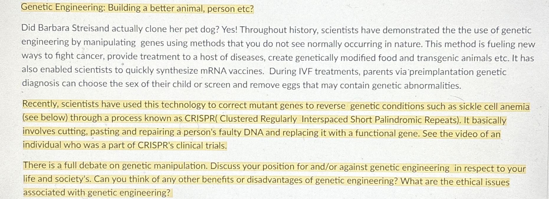 Solved Genetic Engineering: Building a better animal, person | Chegg.com