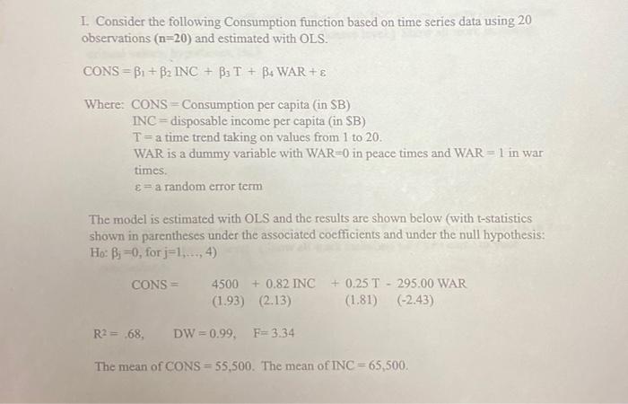 Solved I. Consider the following Consumption function based | Chegg.com