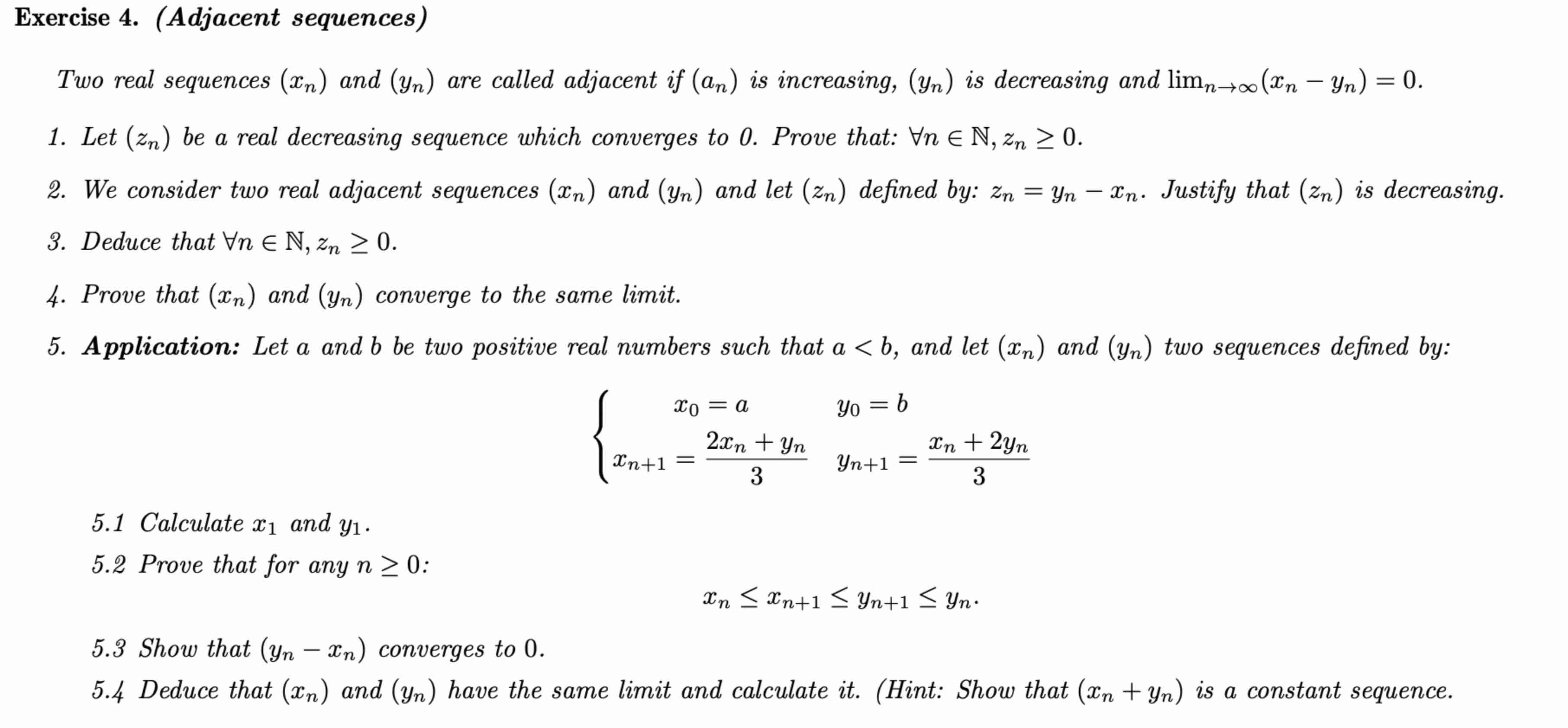 Solved Exercise 4. (Adjacent sequences)Two real sequences | Chegg.com