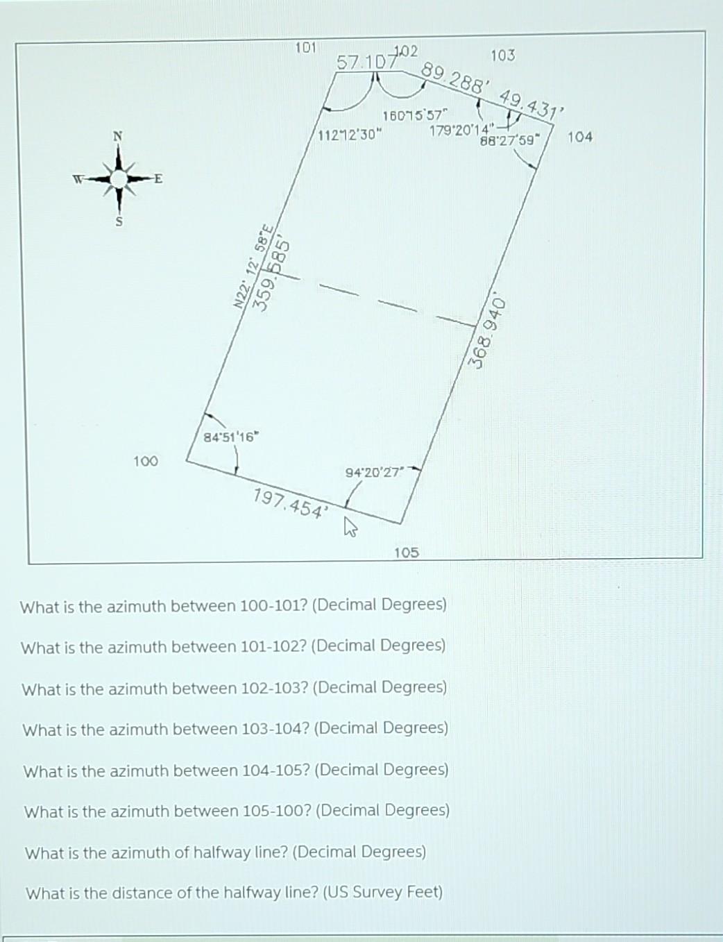 What is the azimuth between 100-101? (Decimal | Chegg.com