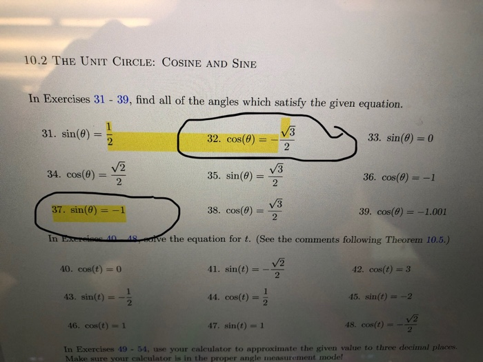 Solved 10.2 THE UNIT CIRCLE: COSINE AND SINE In Exercises 31 | Chegg.com
