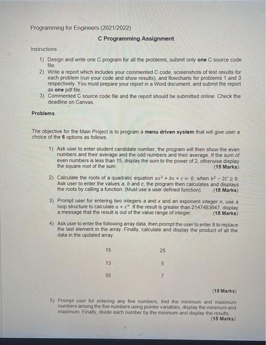 Programming for Engineers (2021/2022) C Programming | Chegg.com