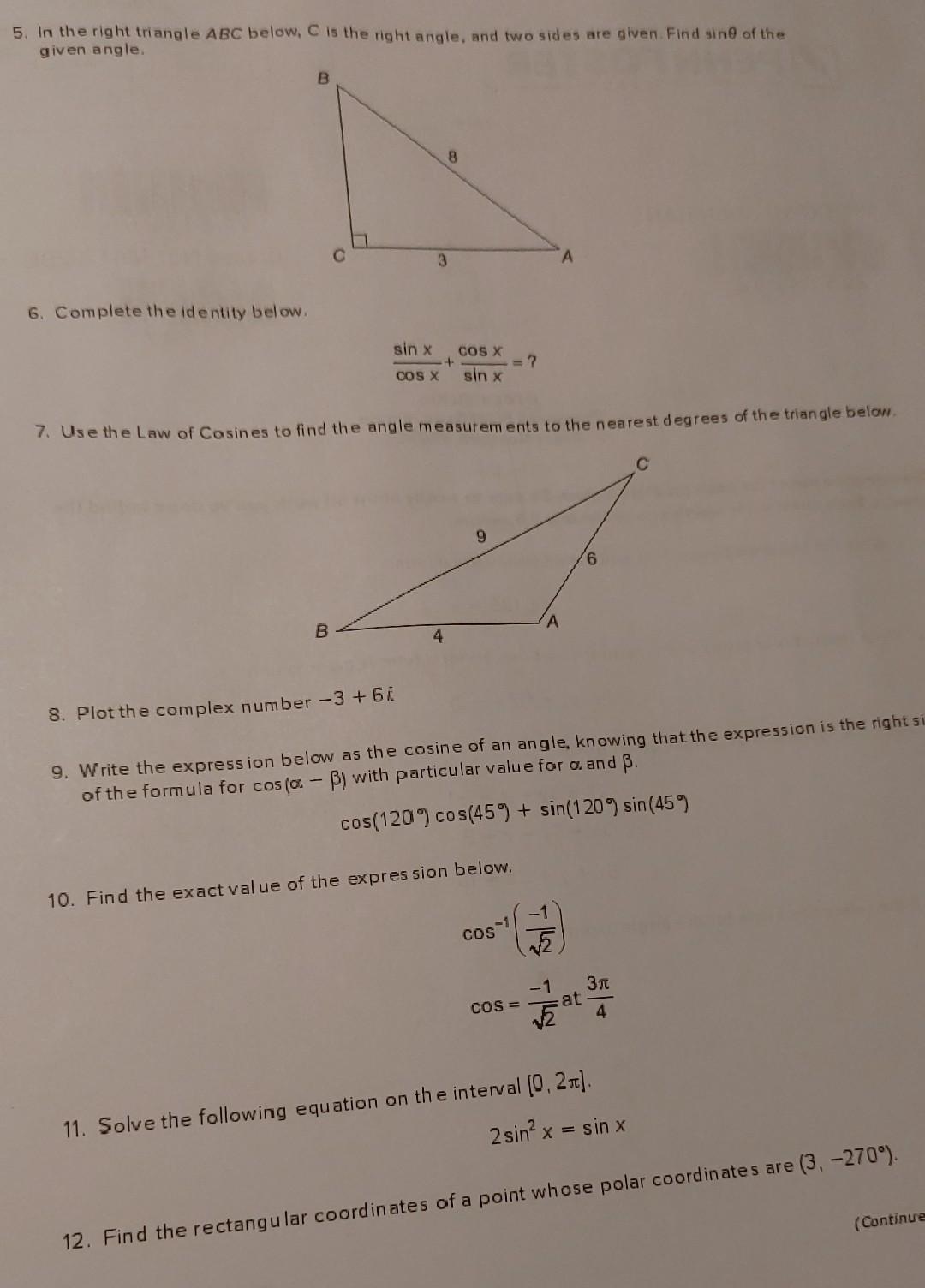 Solved 5. In the right triangle ABC below, is the night | Chegg.com