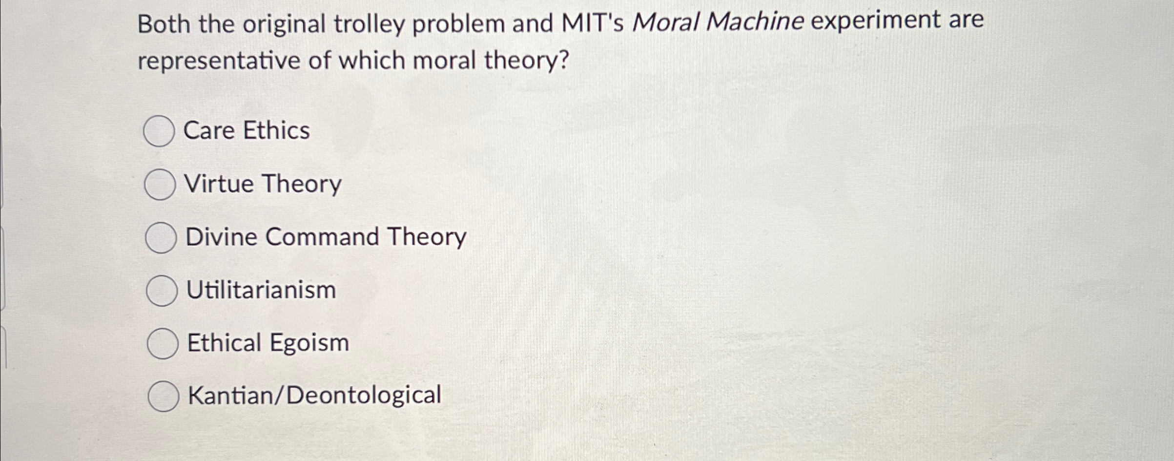 Solved Both the original trolley problem and MIT's Moral | Chegg.com