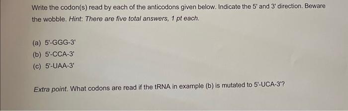 Solved Write the codon(s) read by each of the anticodons | Chegg.com