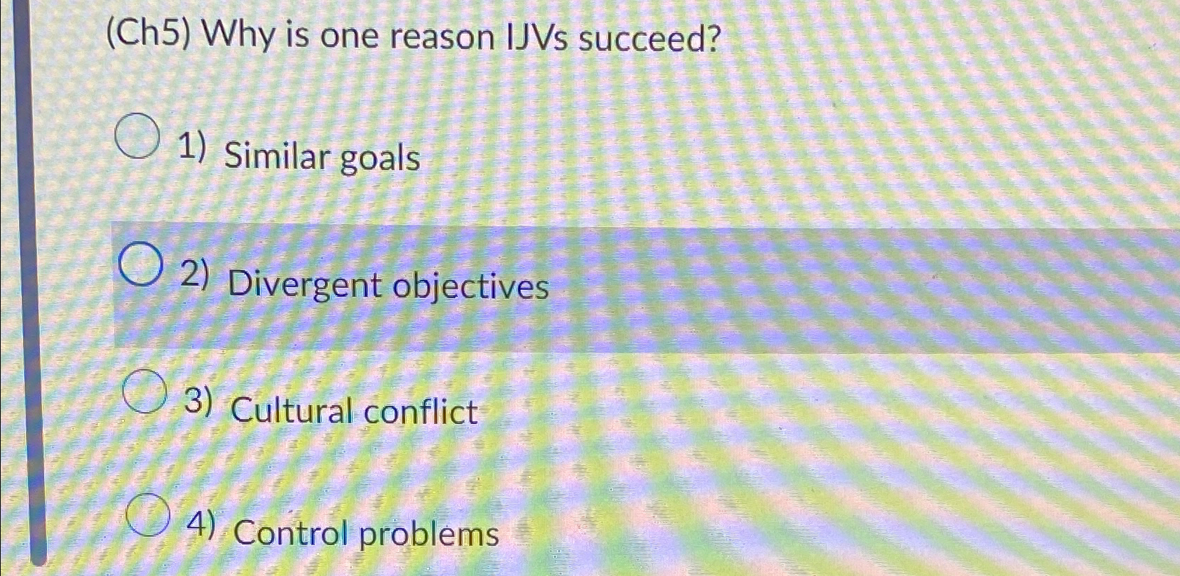 Solved (Ch5) ﻿Why is one reason IJVs succeed?Similar | Chegg.com