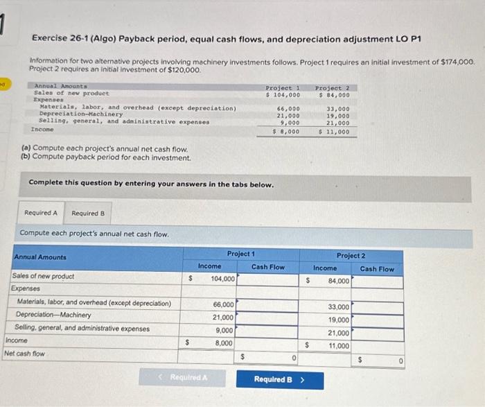 Solved Exercise 26-1 (Algo) Payback period, equal cash | Chegg.com