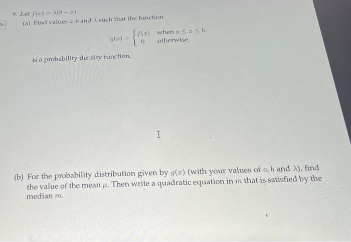 Solved 9. Let \\( f(x)=\\lambda(9-x) \\). (a) Find values | Chegg.com