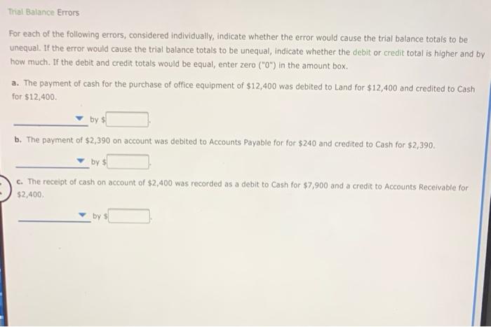 Solved Trial Balance Errors For each of the following | Chegg.com