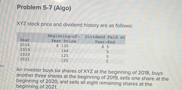 Solved XYZ stock price and dividend history are as follows: | Chegg.com