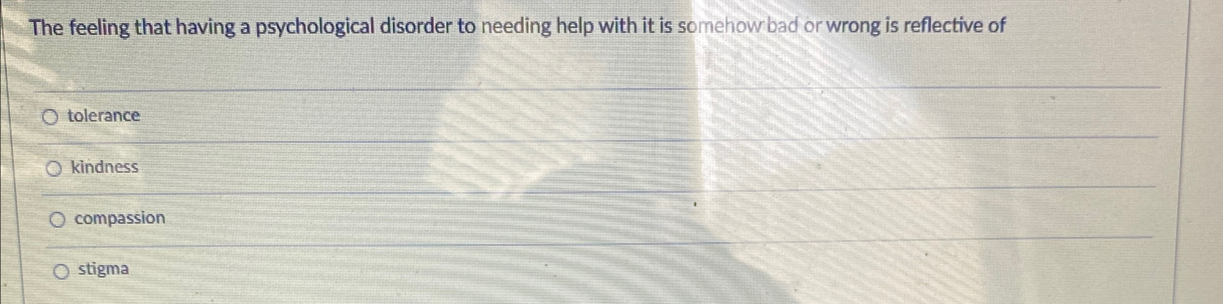 Solved The feeling that having a psychological disorder to | Chegg.com