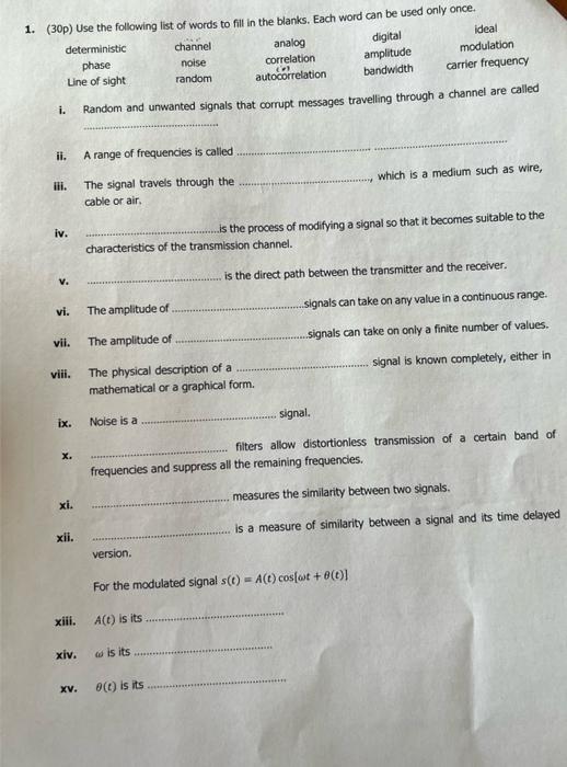 Solved 1. (30p) Use the following list of words to fill in | Chegg.com