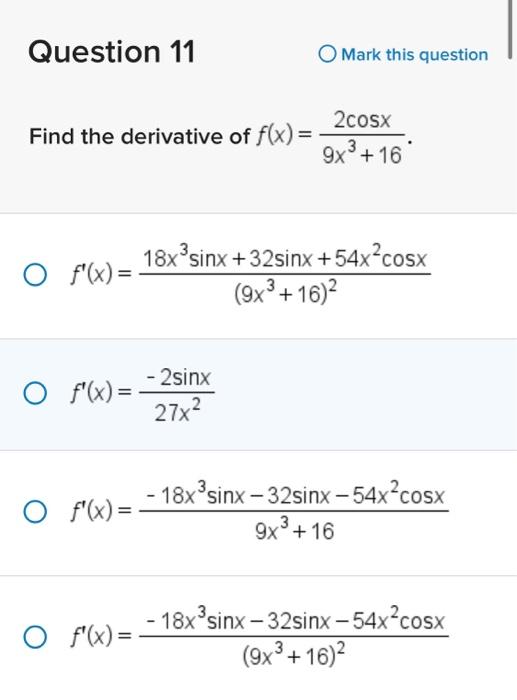 Solved Mark this question d the derivative of | Chegg.com
