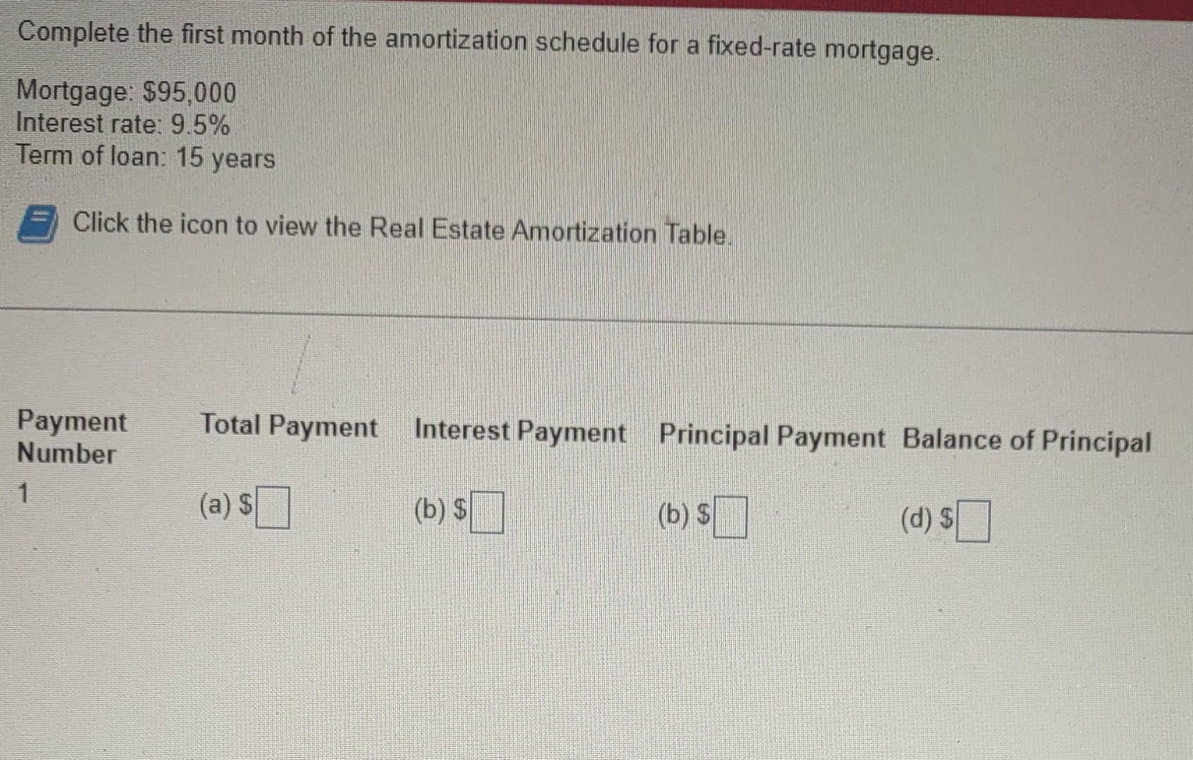 Solved Complete the first month of the amortization schedule | Chegg.com