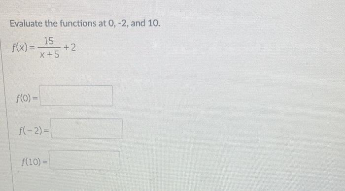 Solved Evaluate the functions at 0,−2, and 10. f(x)=x+515+2 | Chegg.com
