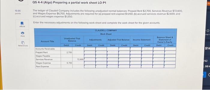 QS 4-4 (Algo) Preparing a partial work sheet LO P1 | Chegg.com