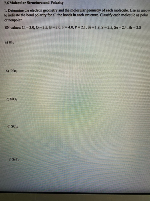 Solved 7.6 Molecular Structure and Polarity 1. Determine the | Chegg.com