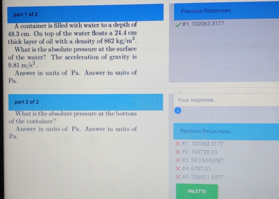 Solved part 1 ﻿of 2A container is filled with water to a | Chegg.com